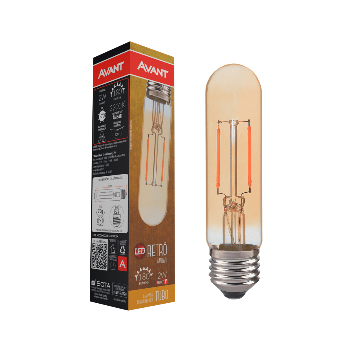 Lâmpada de Led Avant Retrô Tubular 2W Luz Âmbar 2200k Bivolt