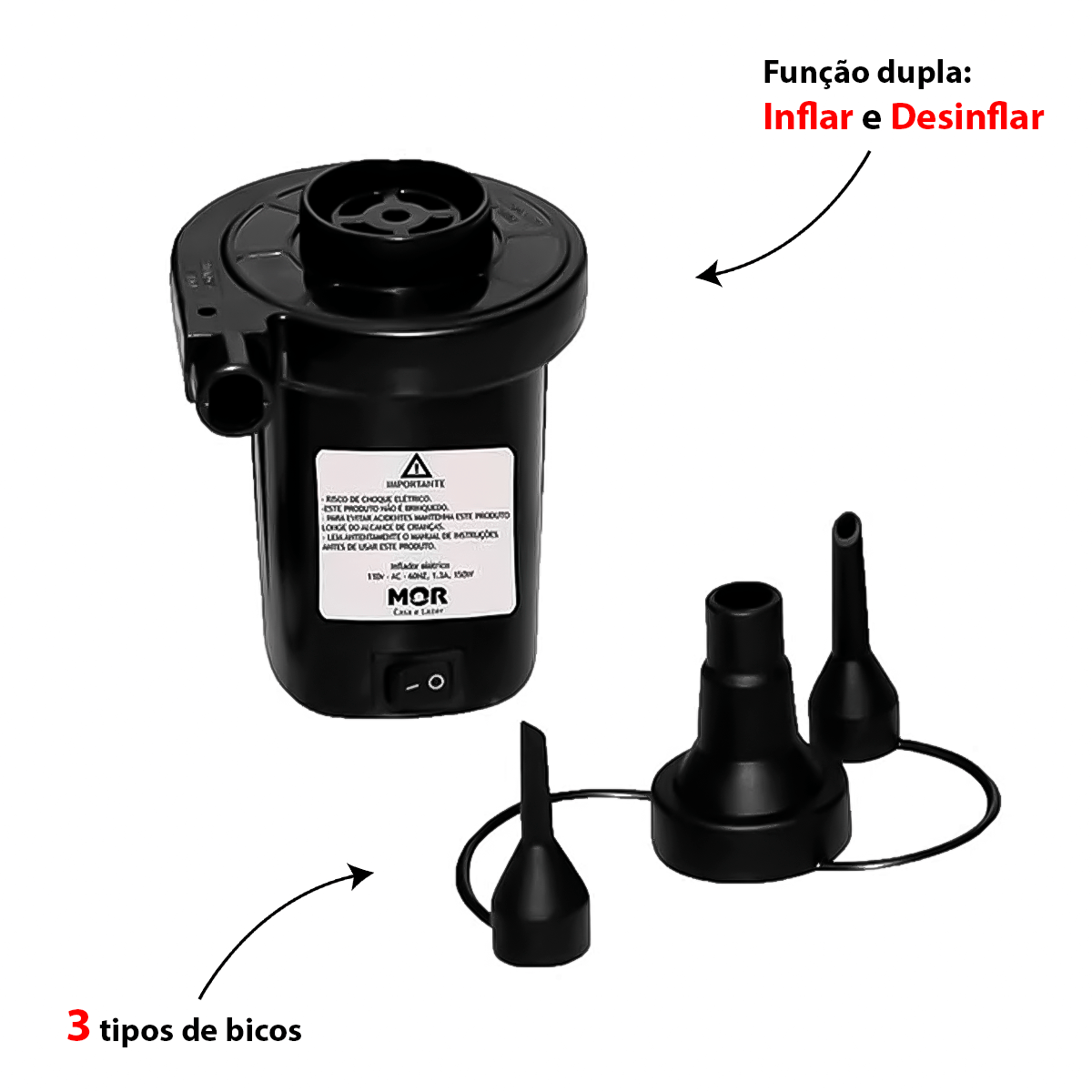 Inflador Elétrico Mor Dupla Função Inflar/Desinflar 110v