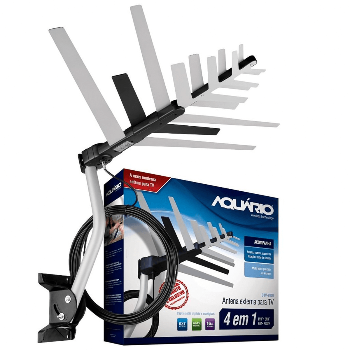 Antena Digital Externa Aquário Dtv-2000 Tv 4 Em 1 Completa