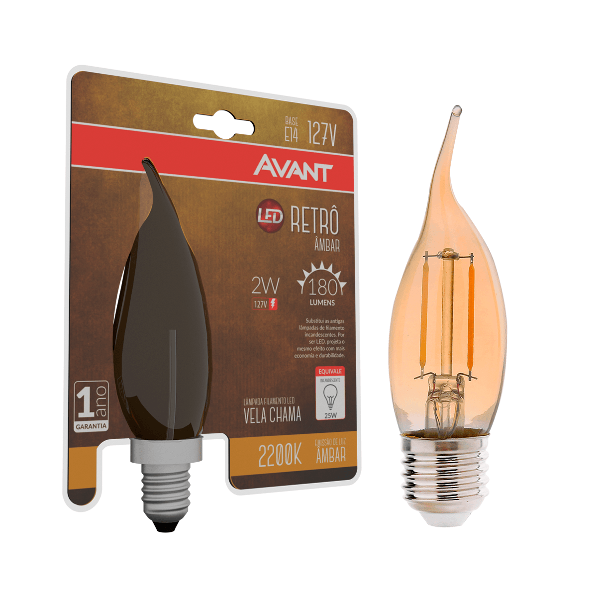 Lâmpada Led Retro Avant Vela Chama 2w E14 Ambar 2200k 127v